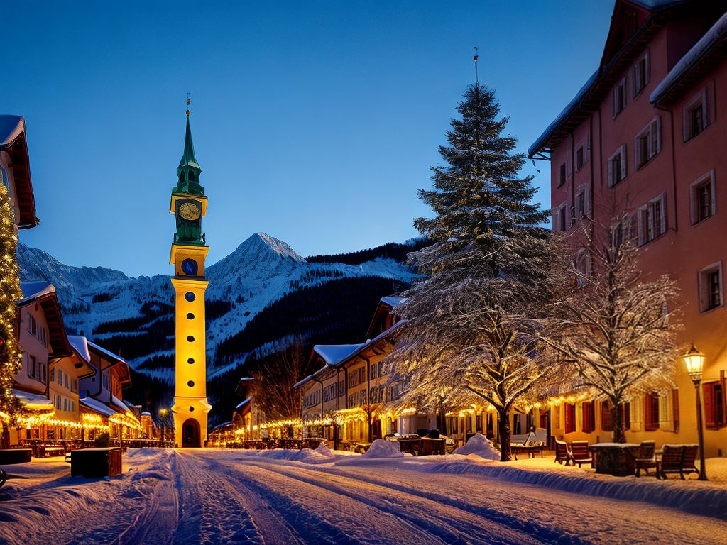clock tower, chrismas tree, snow, austria, village, street-lamps ...