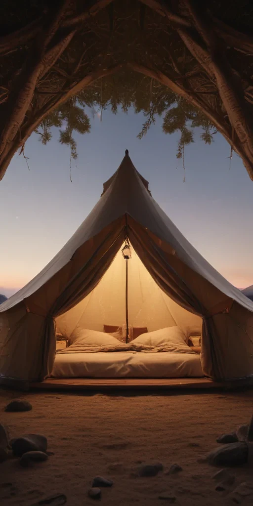 Cozy Glamping Tent Under a Beautiful Sunset Surrounded by Nature