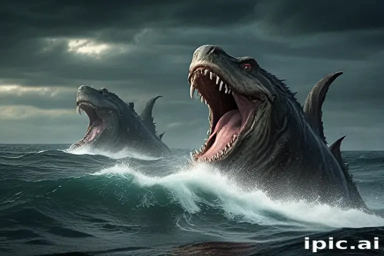 Majestic Sea Monsters Emerge from Stormy Waves Under Darkened Skies