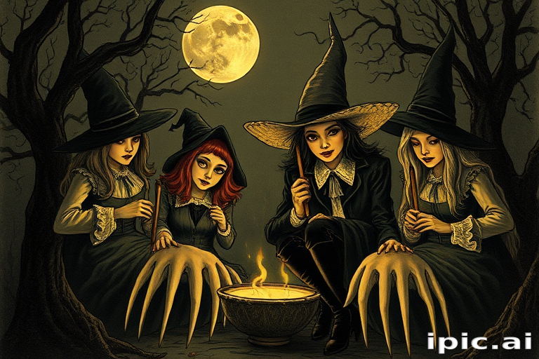 Four Witches Gather Around a Cauldron Under a Full Moon