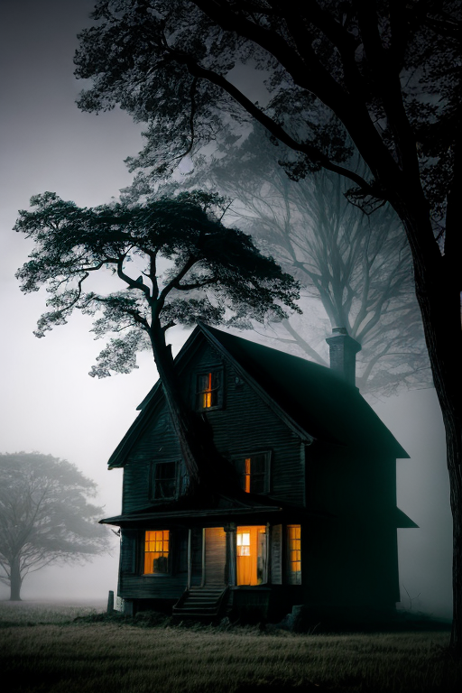 a spooky old house with a single light on and shrouded in mist at night