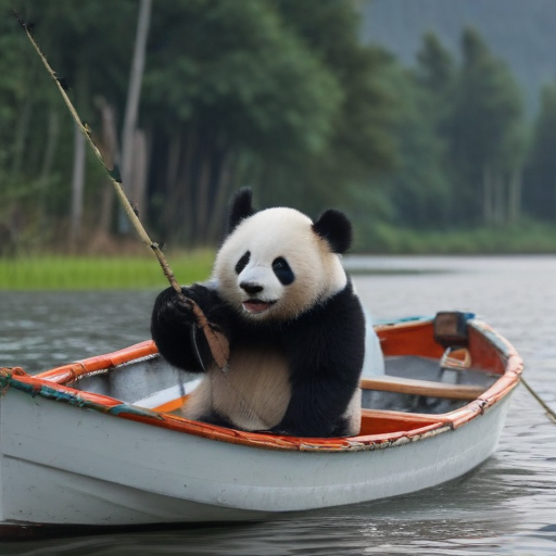 A panda fishing on a boat