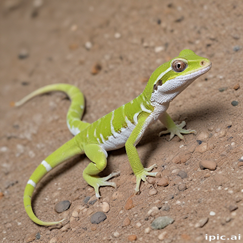 A Vibrant Green Lizard with Stripes Crawling on a Sandy Surface.