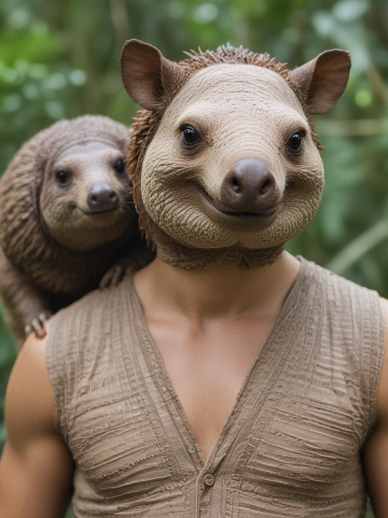 humanoid with sloth face and armadillo back