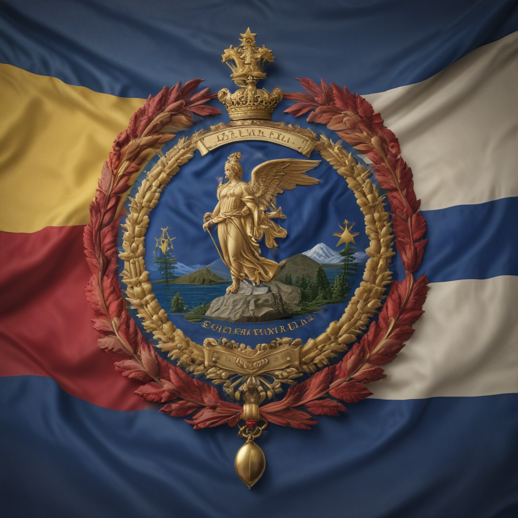 Emblem of National Pride Featuring Angel and Mountain Landscape Background