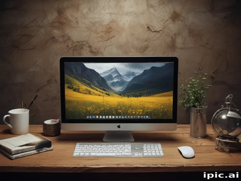 Cozy Workspace with Computer Displaying Stunning Mountain Landscape and ...