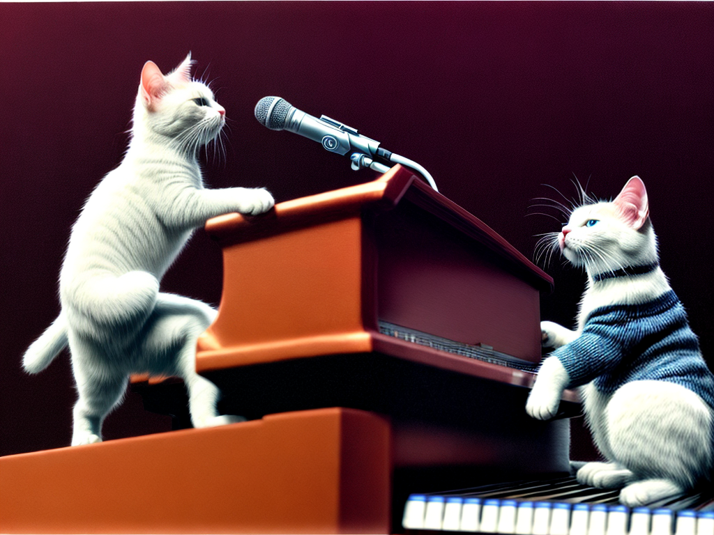 white cat playing the piano and singing on stage with a microphone ...
