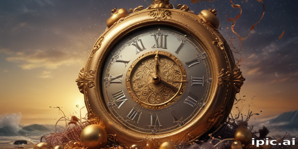 An Elegant Golden Clock Surrounded by Mystical Waves and Orbs