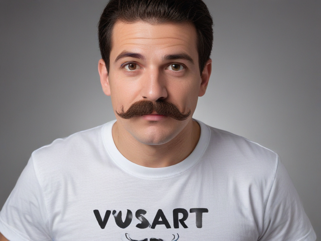 Wacky Mustache man with t shirt with the word vart on it.