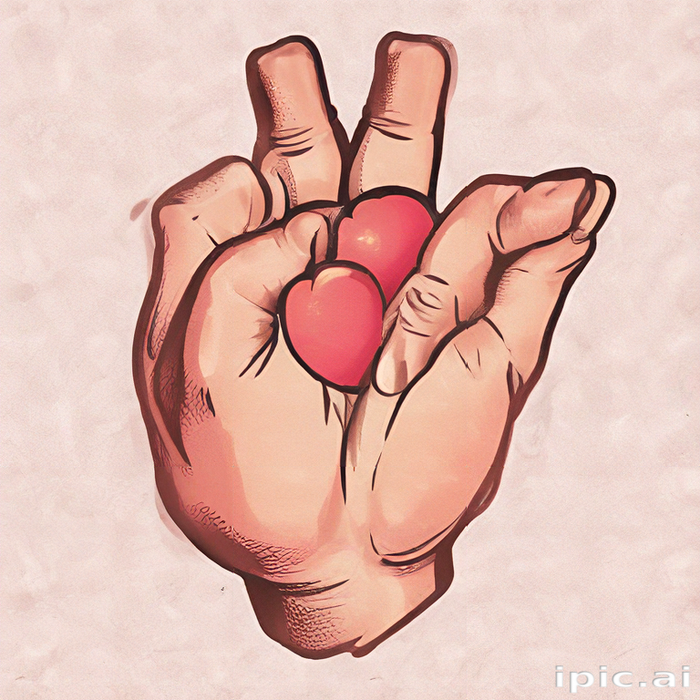Artistic Representation of a Hand Holding Two Red Hearts with Peace Sign