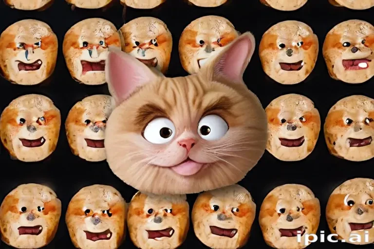 Funny Cat Head Surrounded by Playful Potato Faces with Unique Expressions