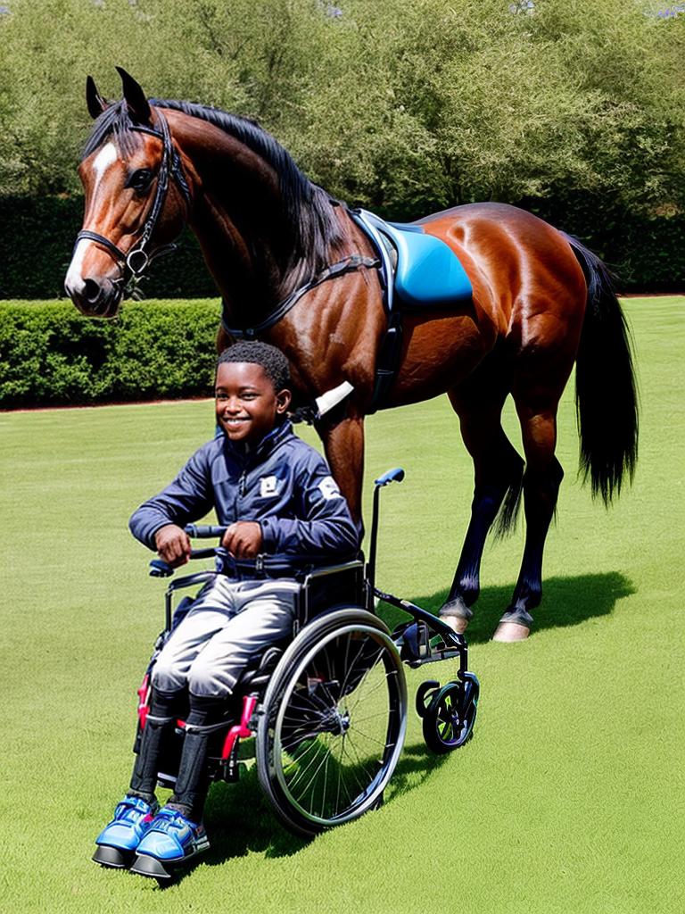 a horse head lean down to a kid on a wheelchair