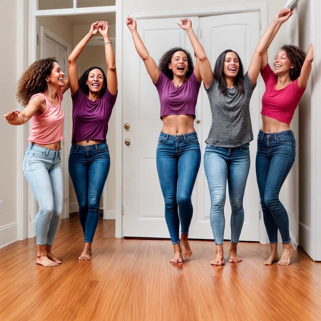 three women, in their thirties and forties, are enjoying a barefoot ...