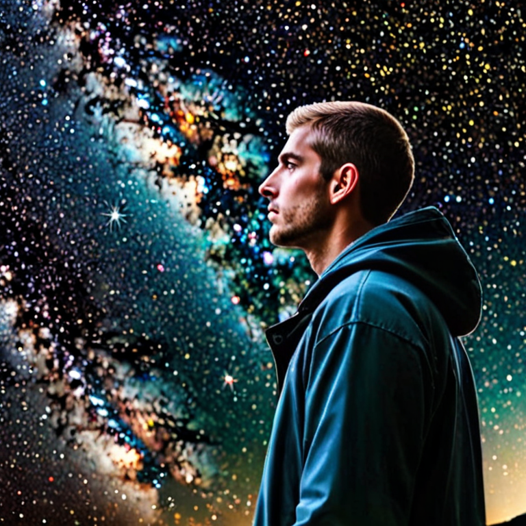 person staring into the infinite universe wondering about his purpose ...