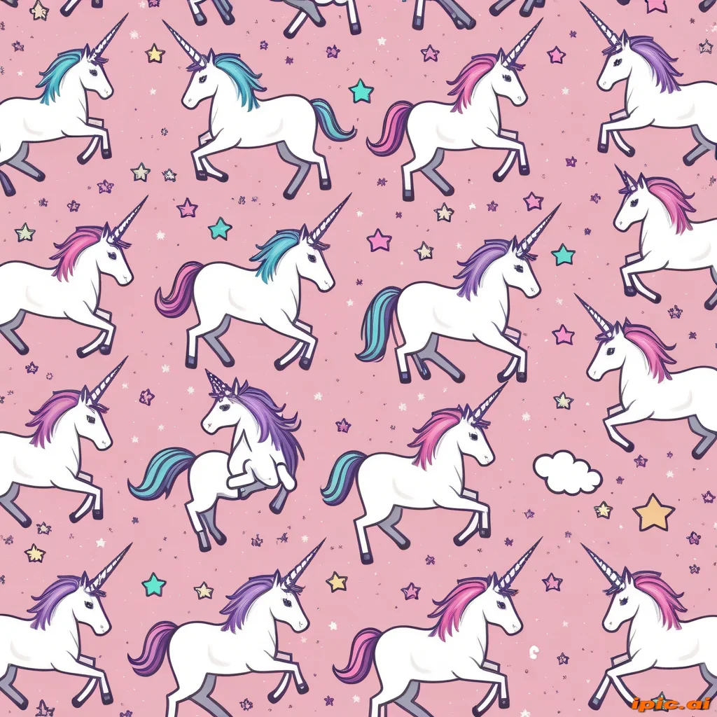 Colorful Unicorns Prancing Across a Whimsical Pink Starry Background Design