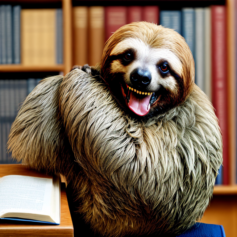 A sloth studying with a golden retriever in the library