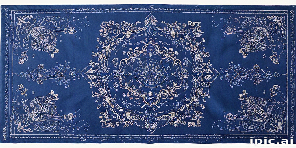 Intricate Blue Tapestry Featuring Floral Patterns and Detailed Designs.