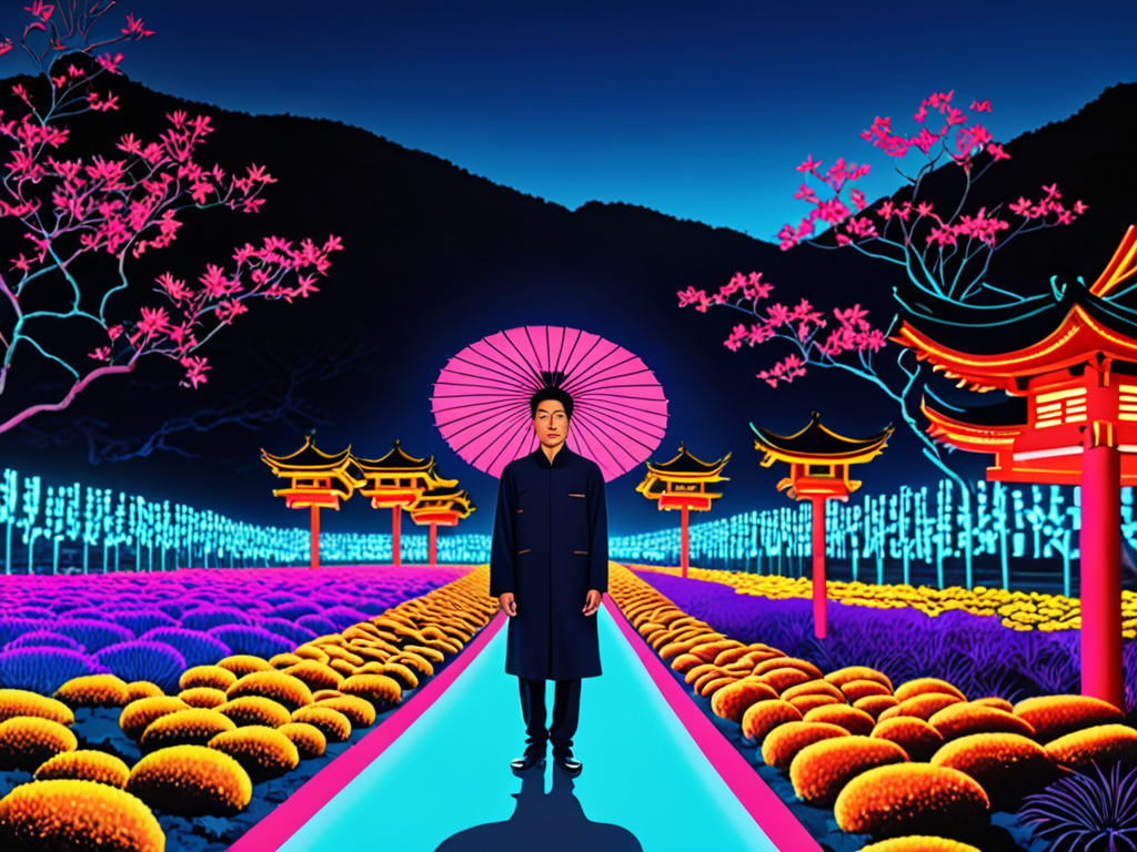 surreal neon asian man landscape art