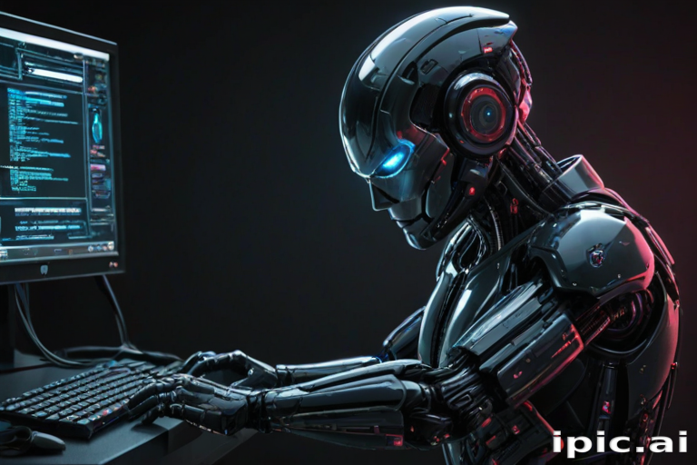 Advanced Humanoid Robot Engaged in Complex Programming at a Computer Desk