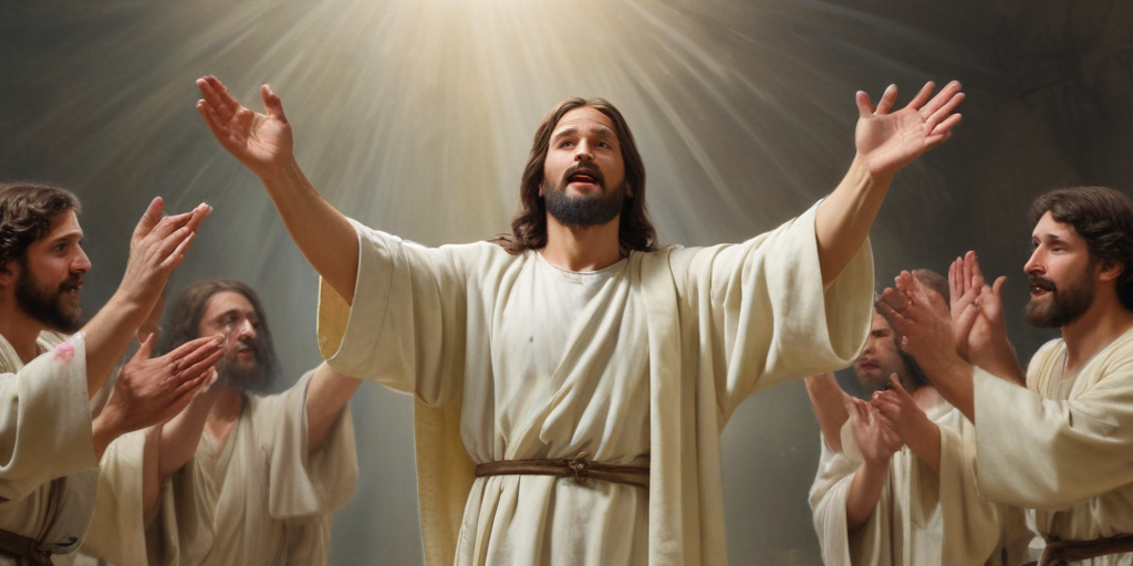 Jesus Christ, after his resurrection, speaking to his disciples, arms ...