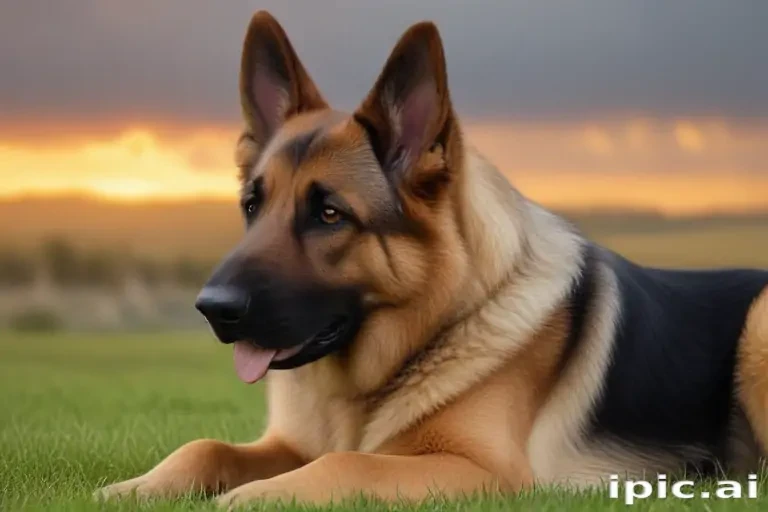 A Majestic German Shepherd Dog Relaxing in a Scenic Sunset Landscape.