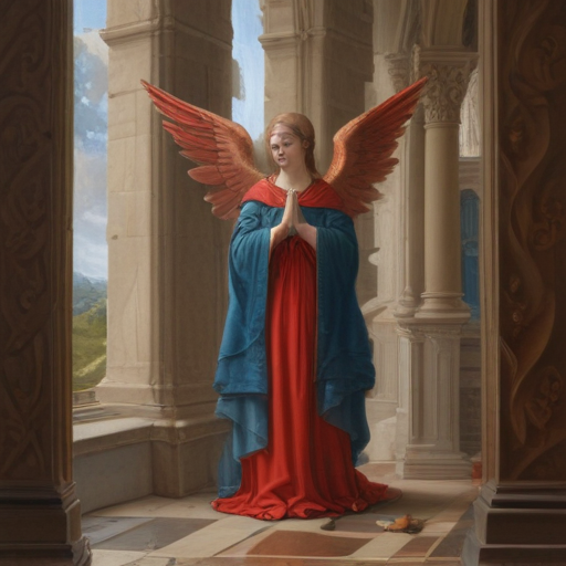 oil on canvas, renaissance, the annunciation of Mary in simple blue ...