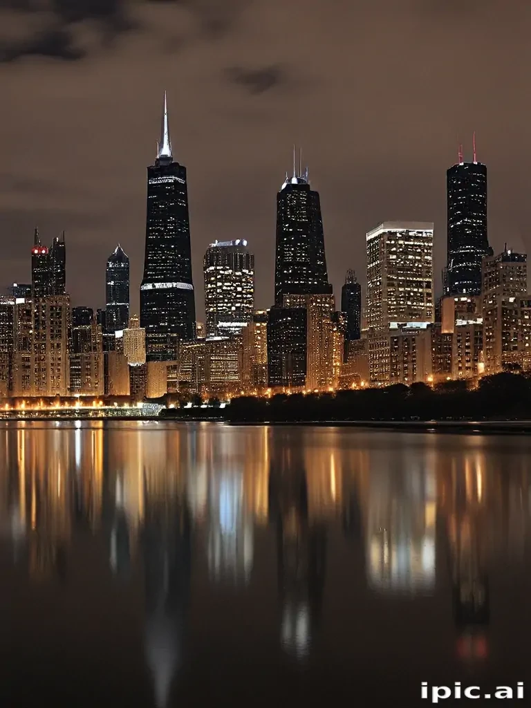 Stunning Night View of Chicago's Skyline Reflected in Calm Waters