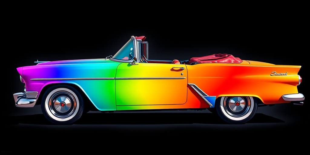 Colorful Vintage Convertible Car with a Vibrant Rainbow Paint Job
