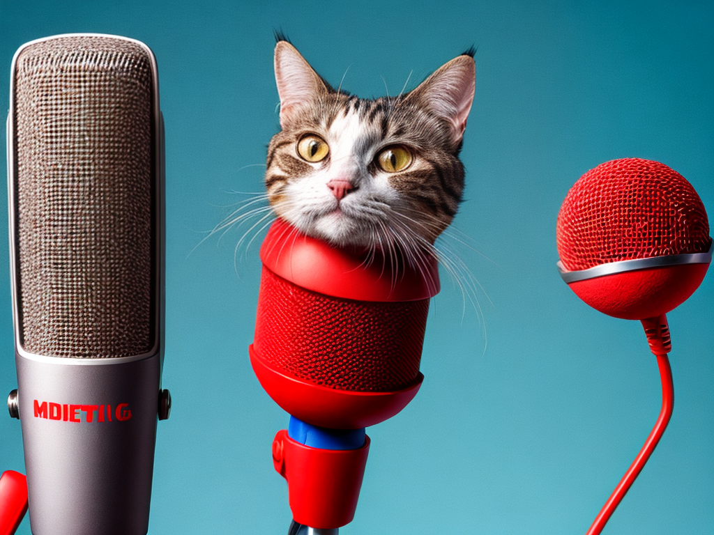 Cat singing into a microphone in a studio with a red white and blue ...