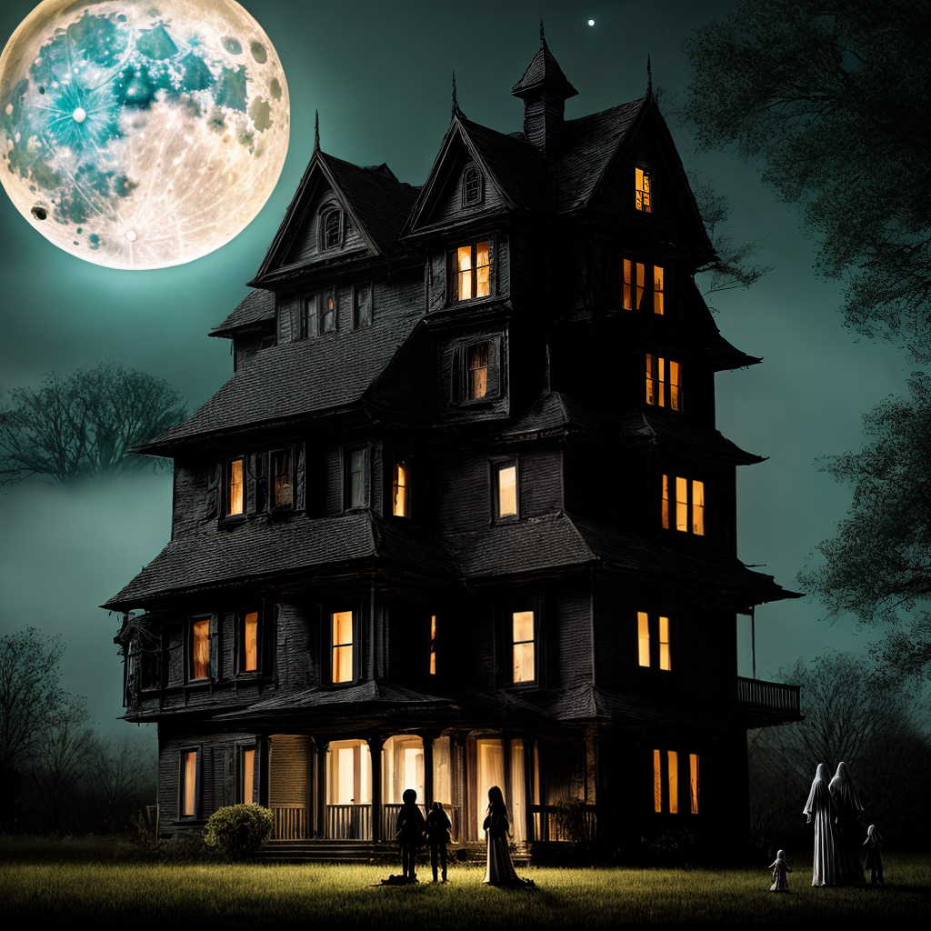 a haunted house and a family is standing outside of it , very scary ...