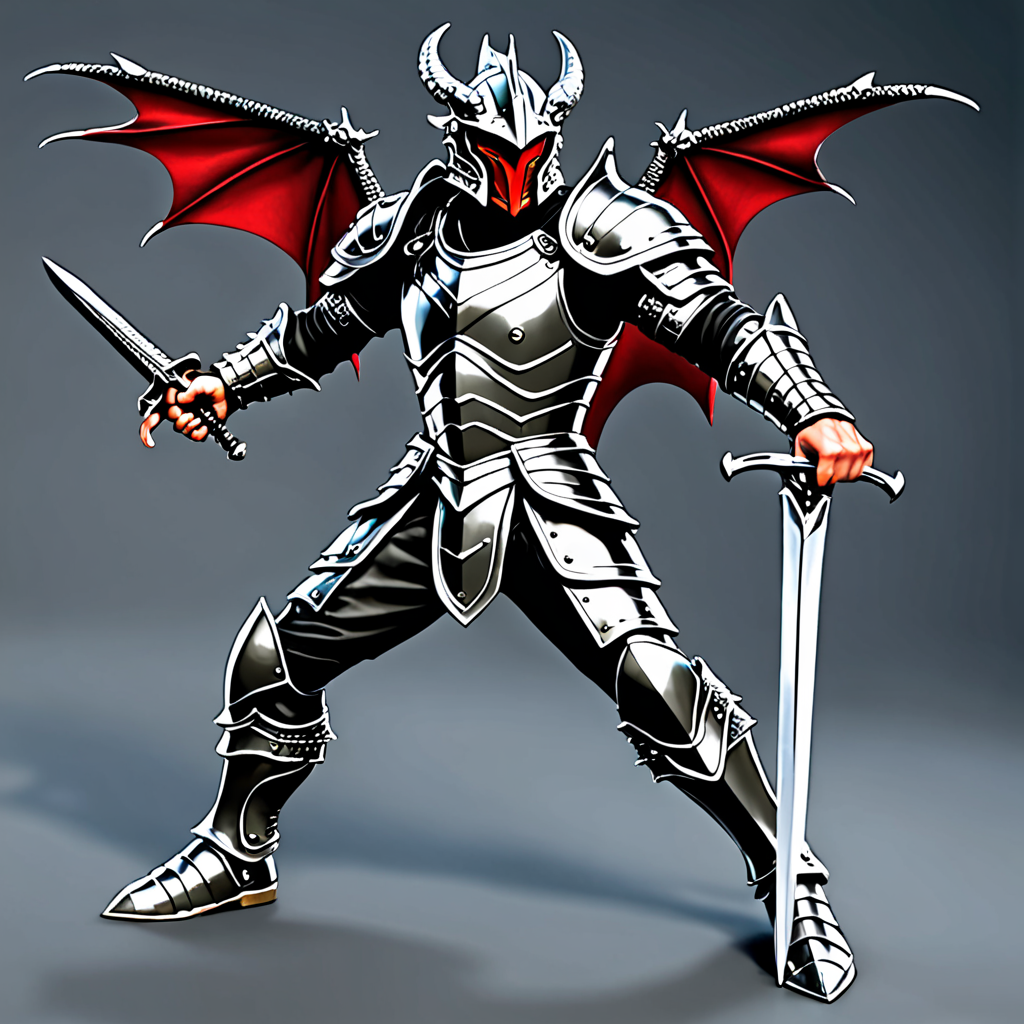 a half-dragon man with metal armor and a sword fighting