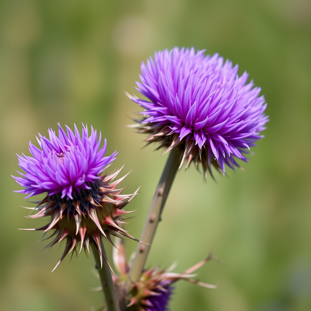 macro shot of thistle flowers with vibrant purple blooms and sharp ...