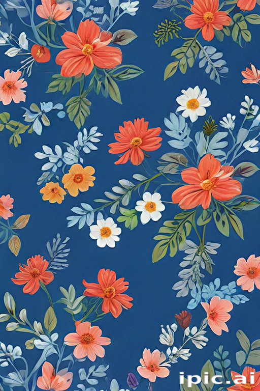 Vibrant Floral Pattern with Colorful Flowers on a Deep Blue Background