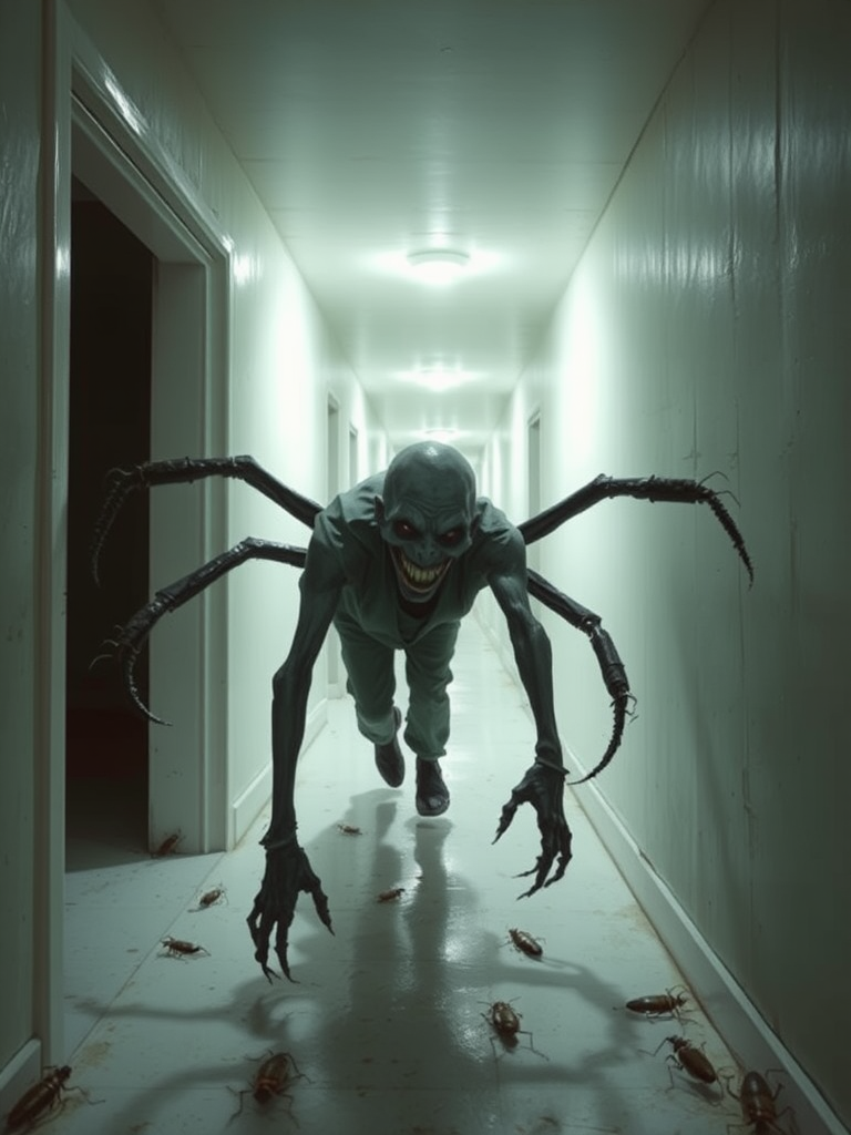 Terrifying Creature Crawls Down Dimly Lit Hallway Filled with Cockroaches