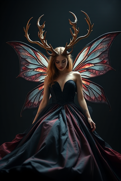 Enchanting Fairy with Majestic Antlers and Ethereal Wings in Dark Elegance