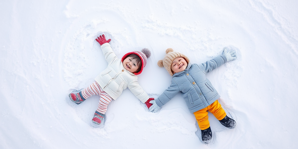 Two Joyful Children Making Snow Angels Together in a Winter Wonderland.