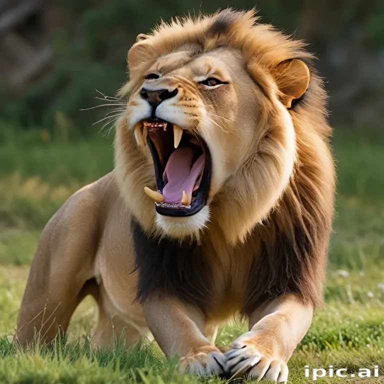 A Majestic Lion Roaring Loudly in the Green Grasslands of Africa