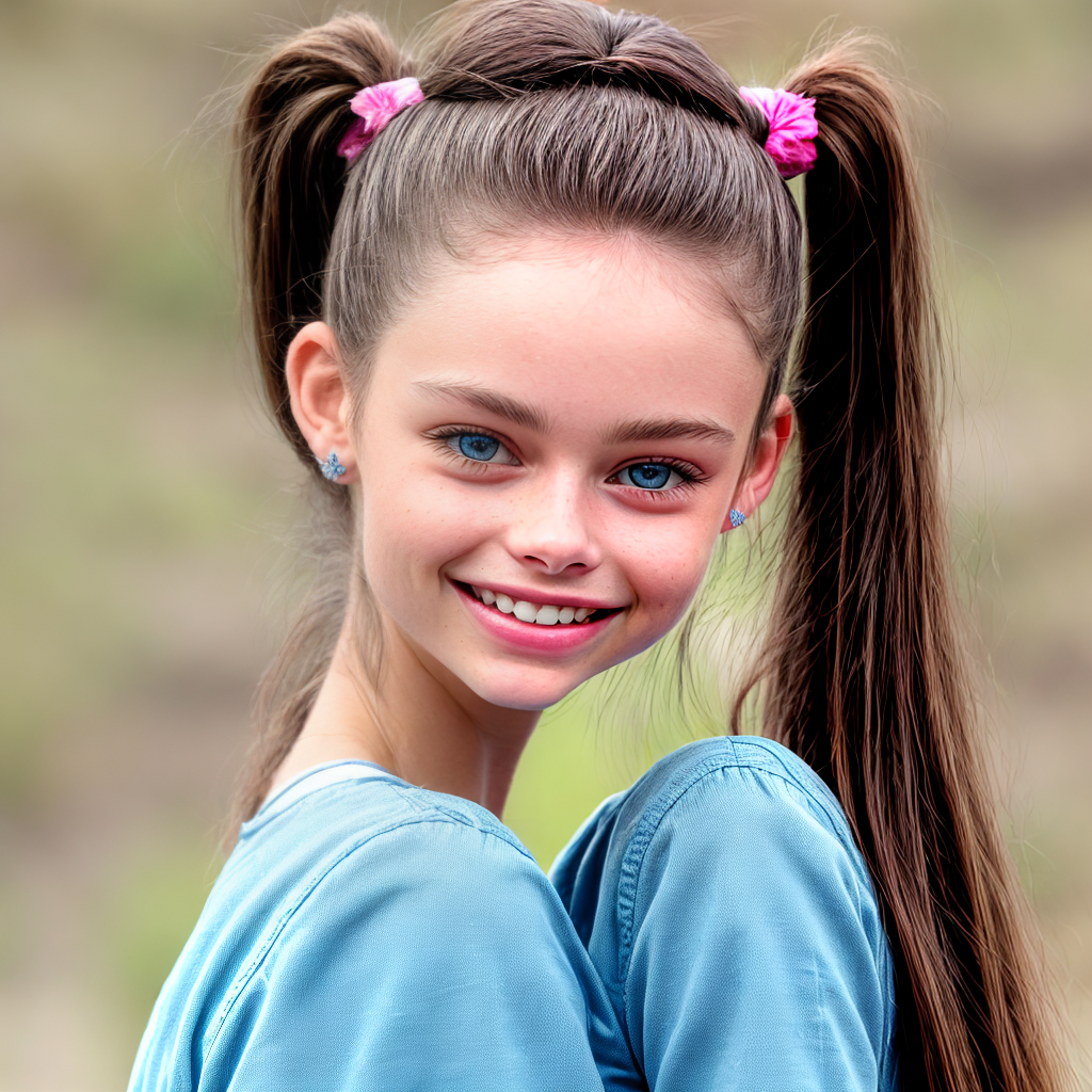 Meika woollard smiling closeup face with hair in pigtails