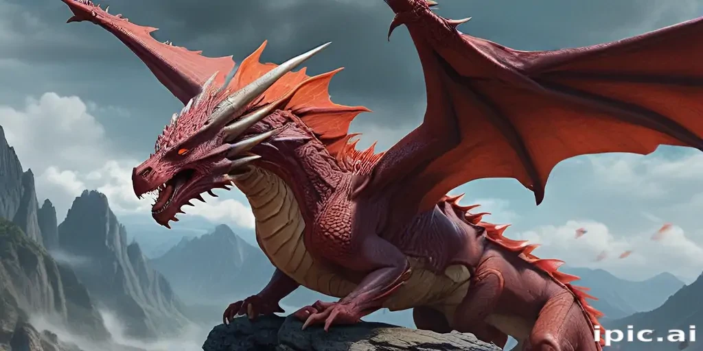 Majestic Red Dragon Spreading Its Wings Against a Dramatic Mountain ...