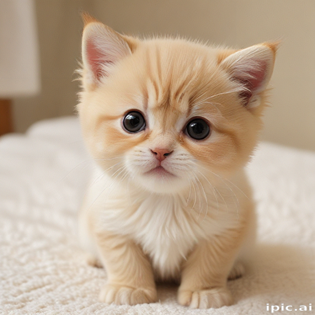 Adorable Cream-Colored Kitten with Big Eyes on a Soft Blanket.