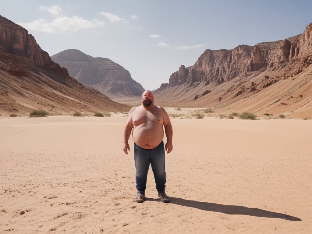 fat sad man in the middle of a huge desert