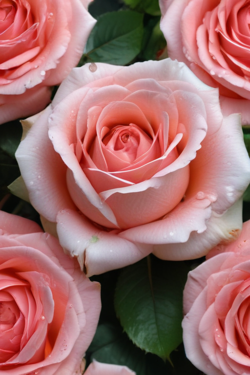 Delicate Pink Roses Surrounded by Lush Green Leaves in Full Bloom