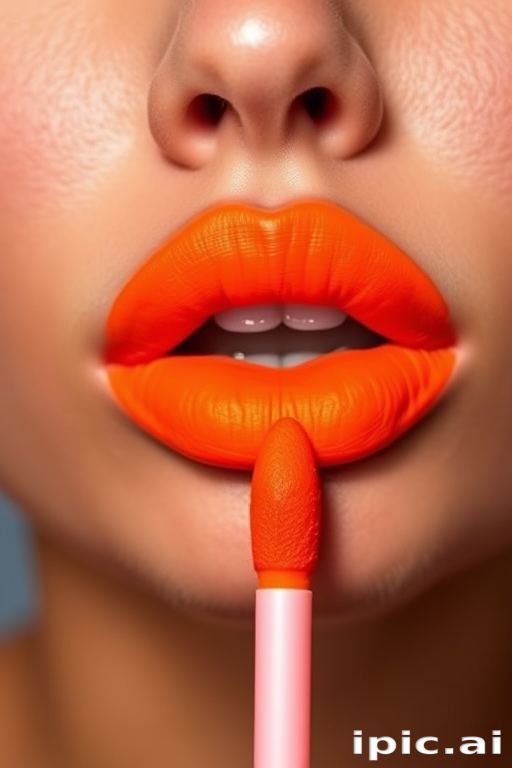 Vibrant Orange Lipstick Application Close-Up on Beautiful Model's Lips