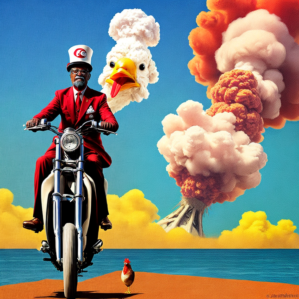 KFC colonel riding a chicken with a nuclear explosion in the background