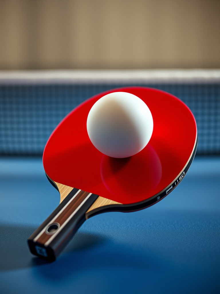Close-Up of a Table Tennis Paddle and Ball on Blue Surface