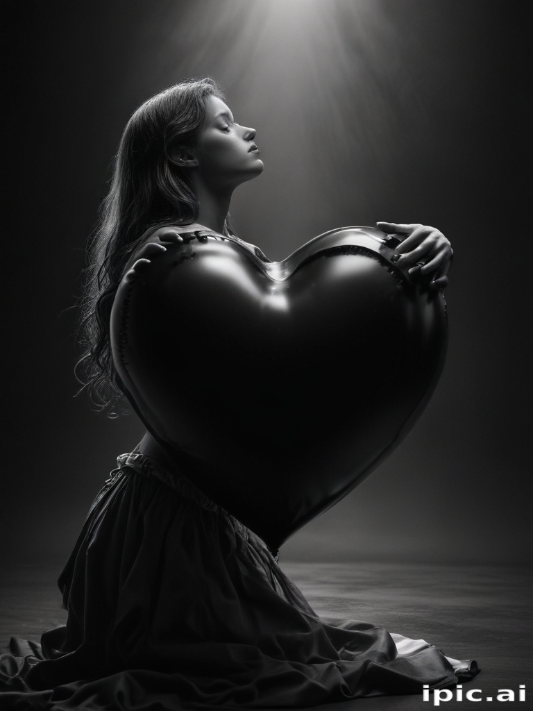 Embracing Love: A Woman Holding a Giant Heart in Darkness