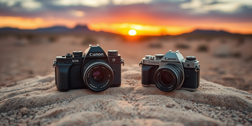 Two Canon Cameras Positioned on Sand Against a Beautiful Sunset Background