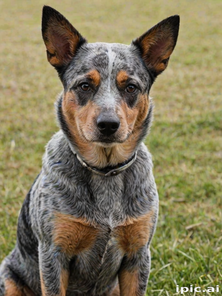 A Beautiful Blue Heeler Dog Sitting Proudly on Green Grass.