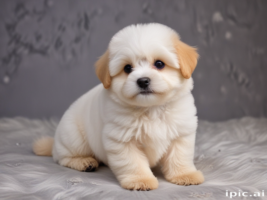 Adorable Fluffy Puppy Sitting on Soft Fur with Charming Expression.