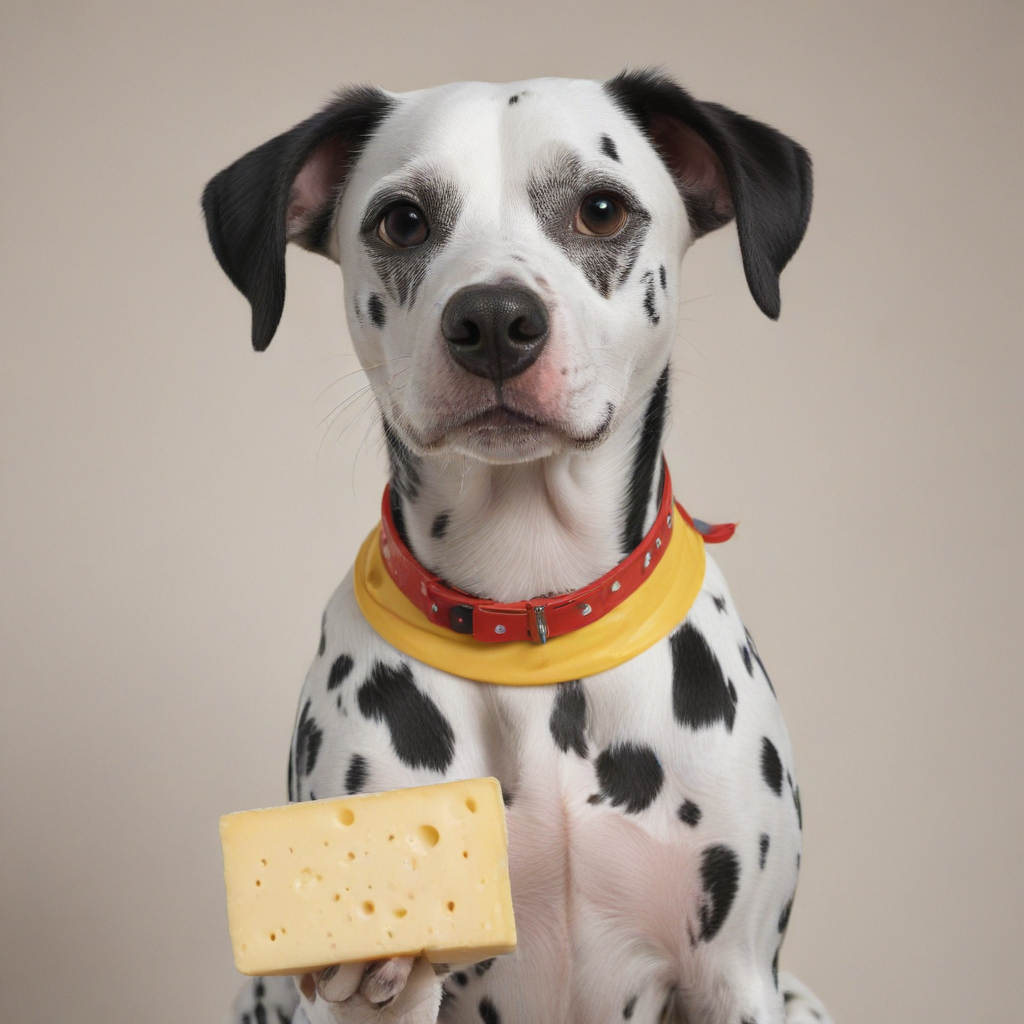 tech dalmatian with piece of cheese
